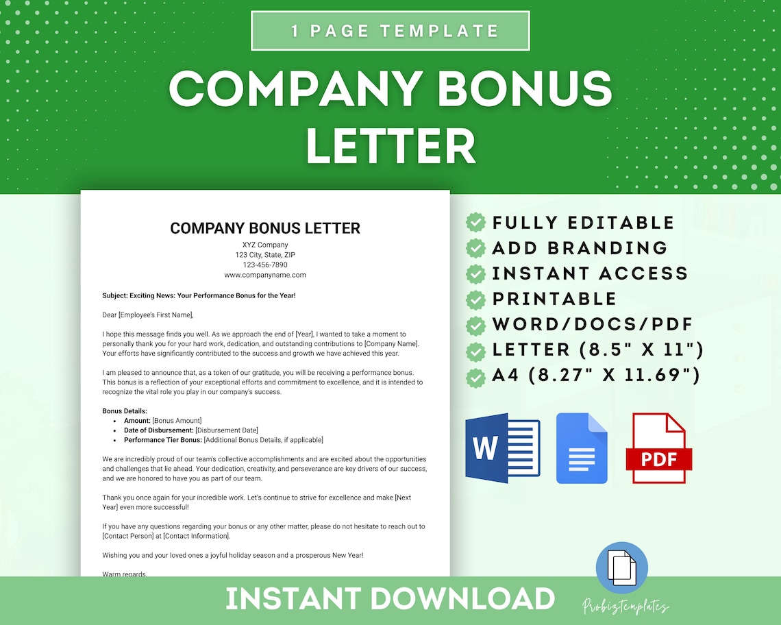 Company Bonus Letter Template, Employee Bonus Announcement Letter, Year ...