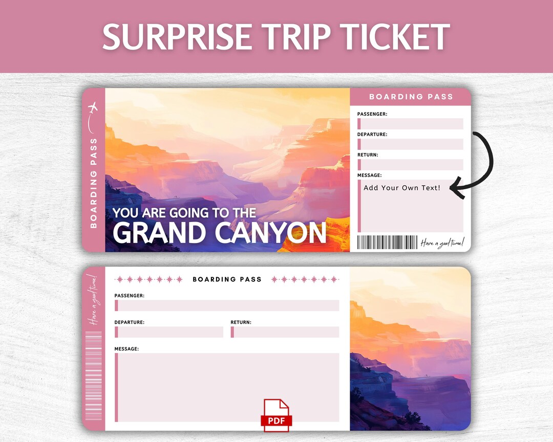 Printable Grand Canyon Surprise Gift Ticket, Editable Arizona Vacation ...