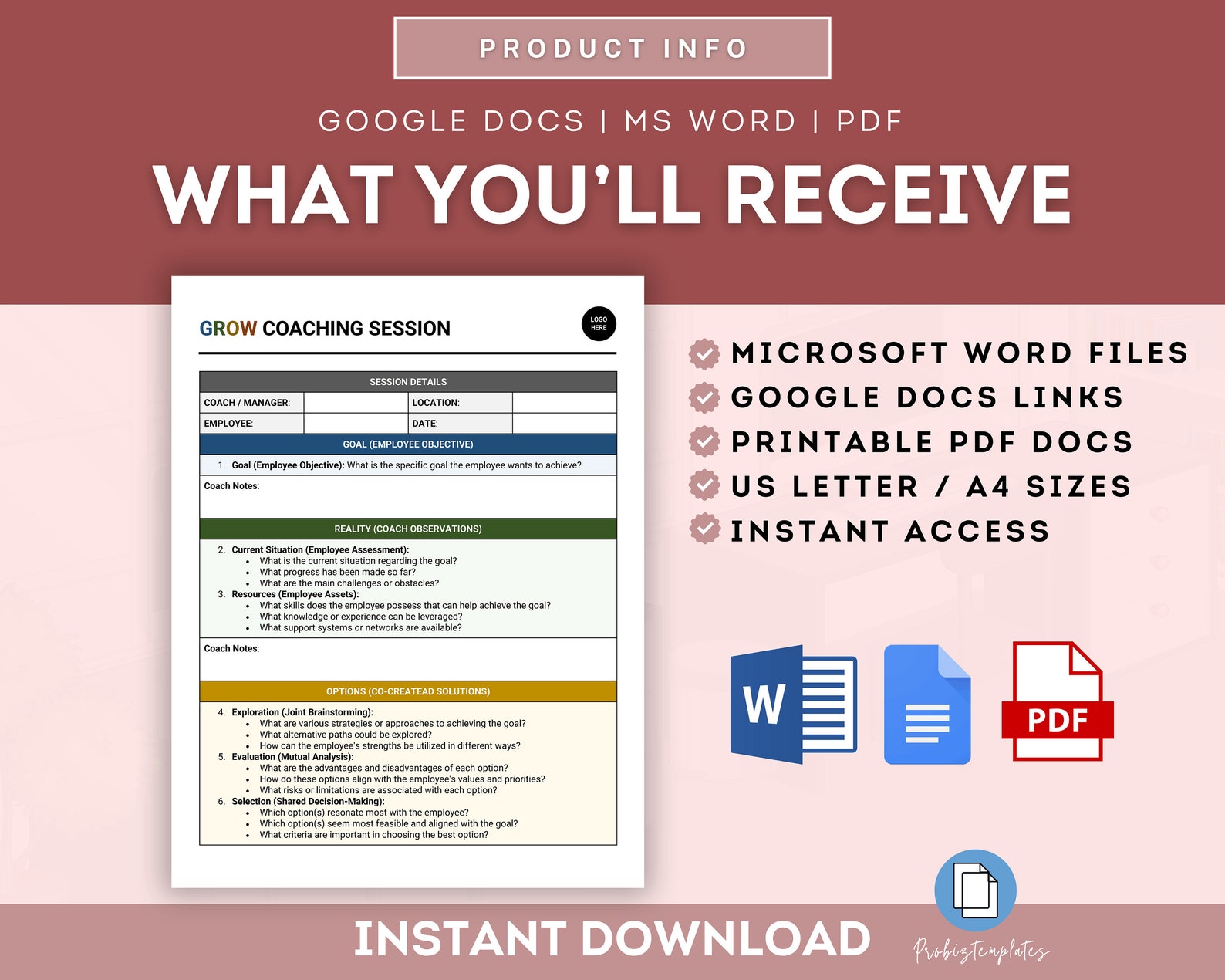 Employee Coaching Session Sheet Template, GROW Coaching Model, Employee ...