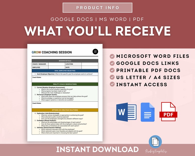 Employee Coaching Session Sheet Template, GROW Coaching Model, Employee ...