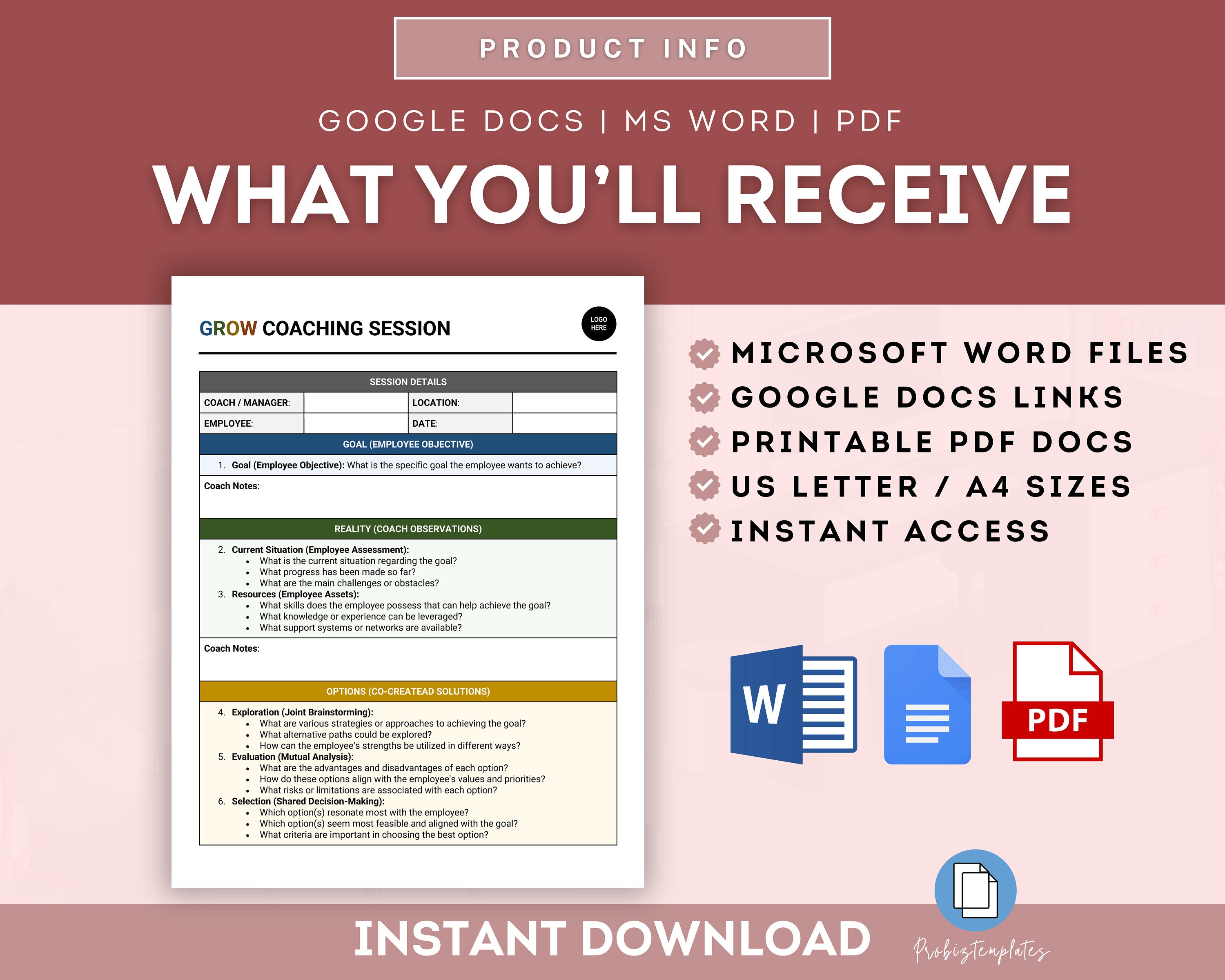 Employee Coaching Session Sheet Template, GROW Coaching Model, Employee ...