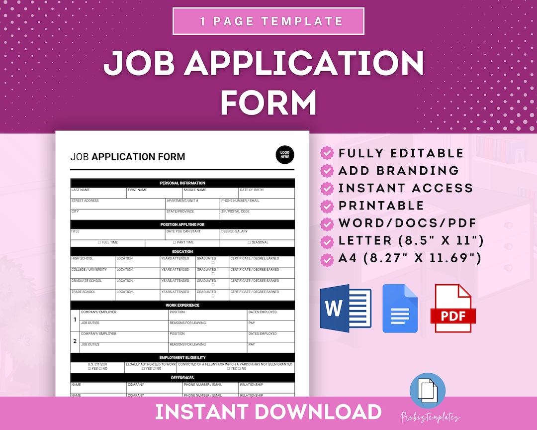 Job Application Form Template, Editable Job Employment Application Form ...