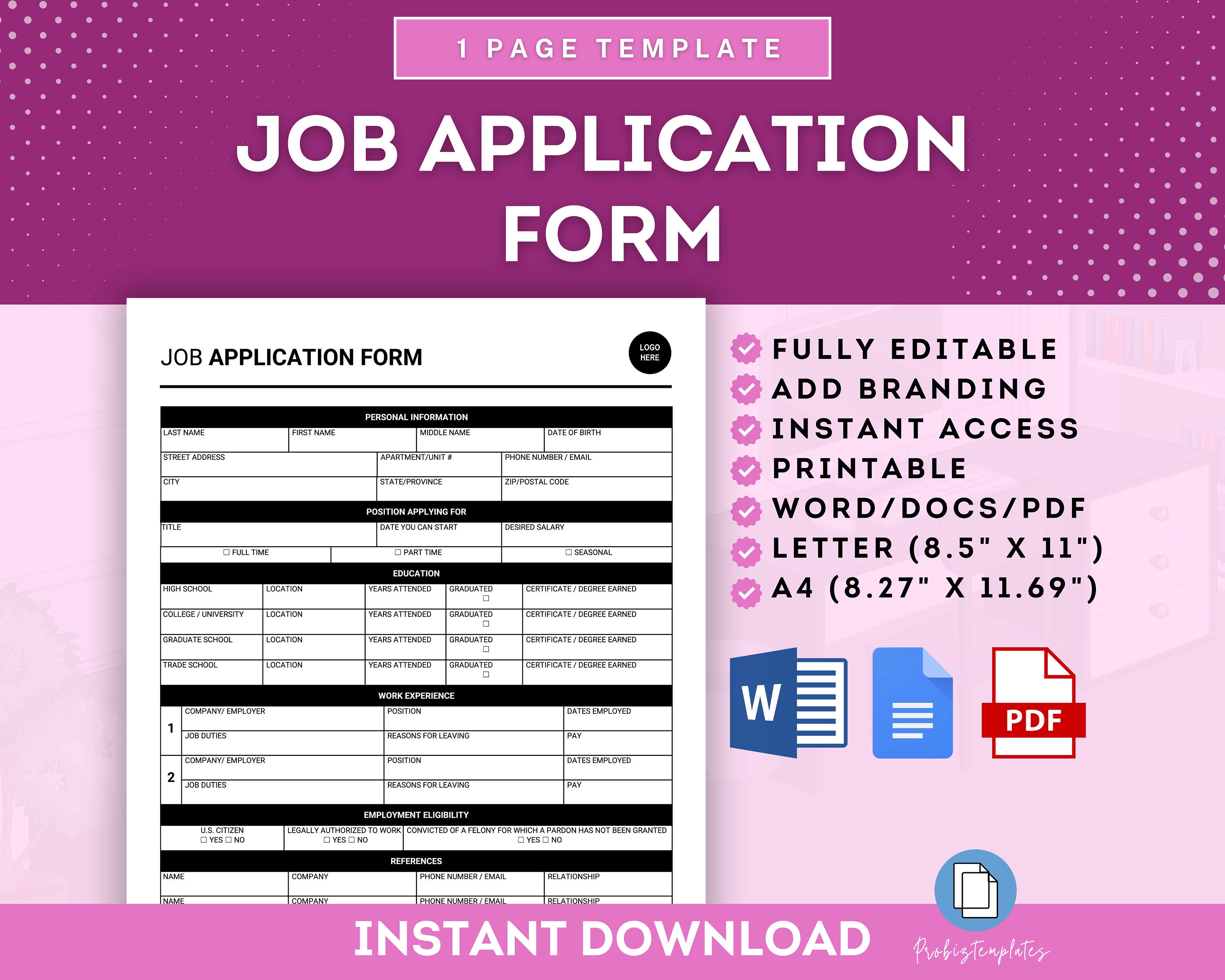 Job Application Form Template, Editable Job Employment Application Form ...