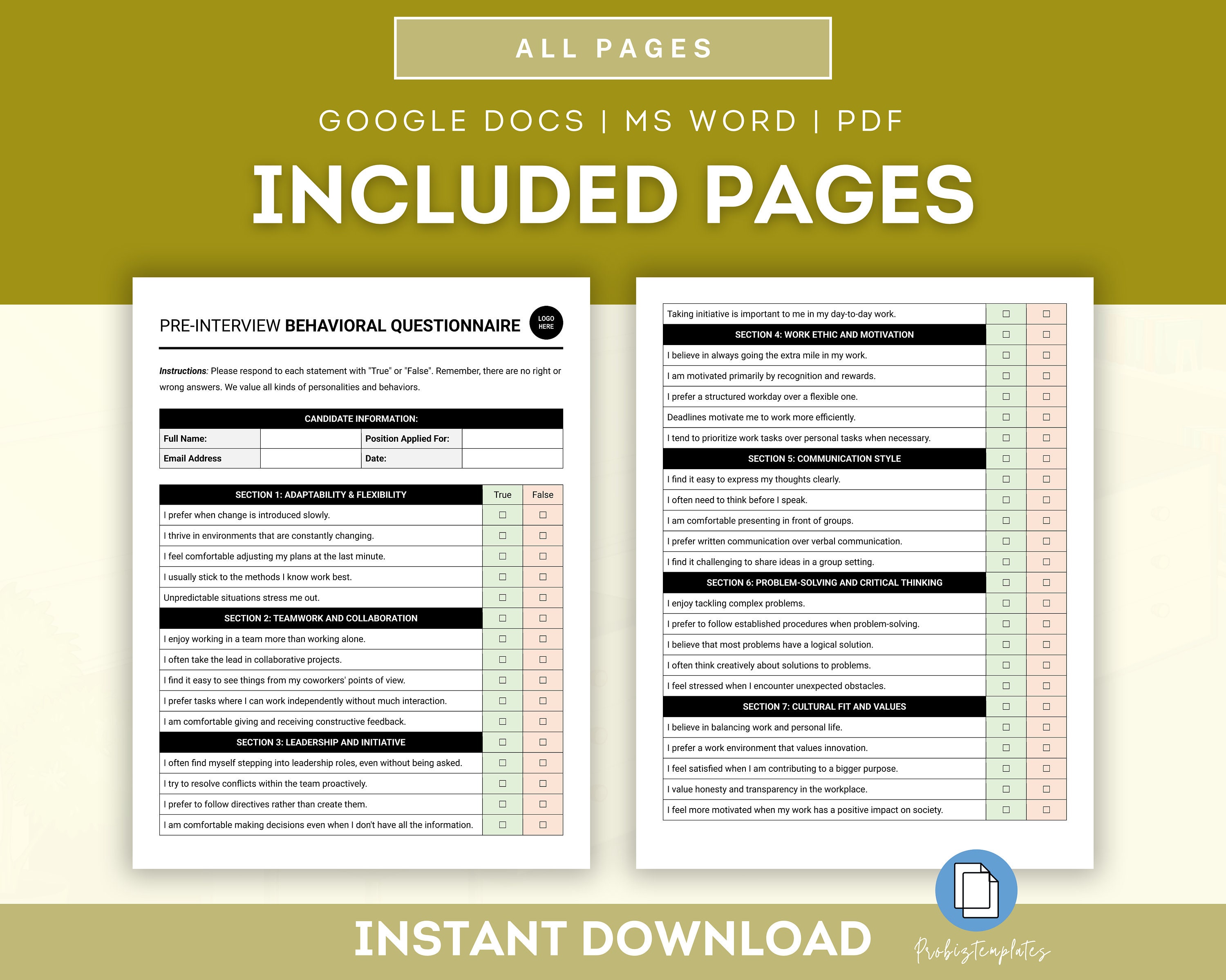 Pre-interview Behavioral Questionnaire, Candidate Behavioral Questions ...