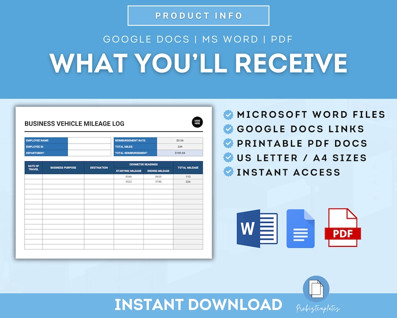Business Vehicle Mileage Log Template, Business Car Usage Log, Work ...