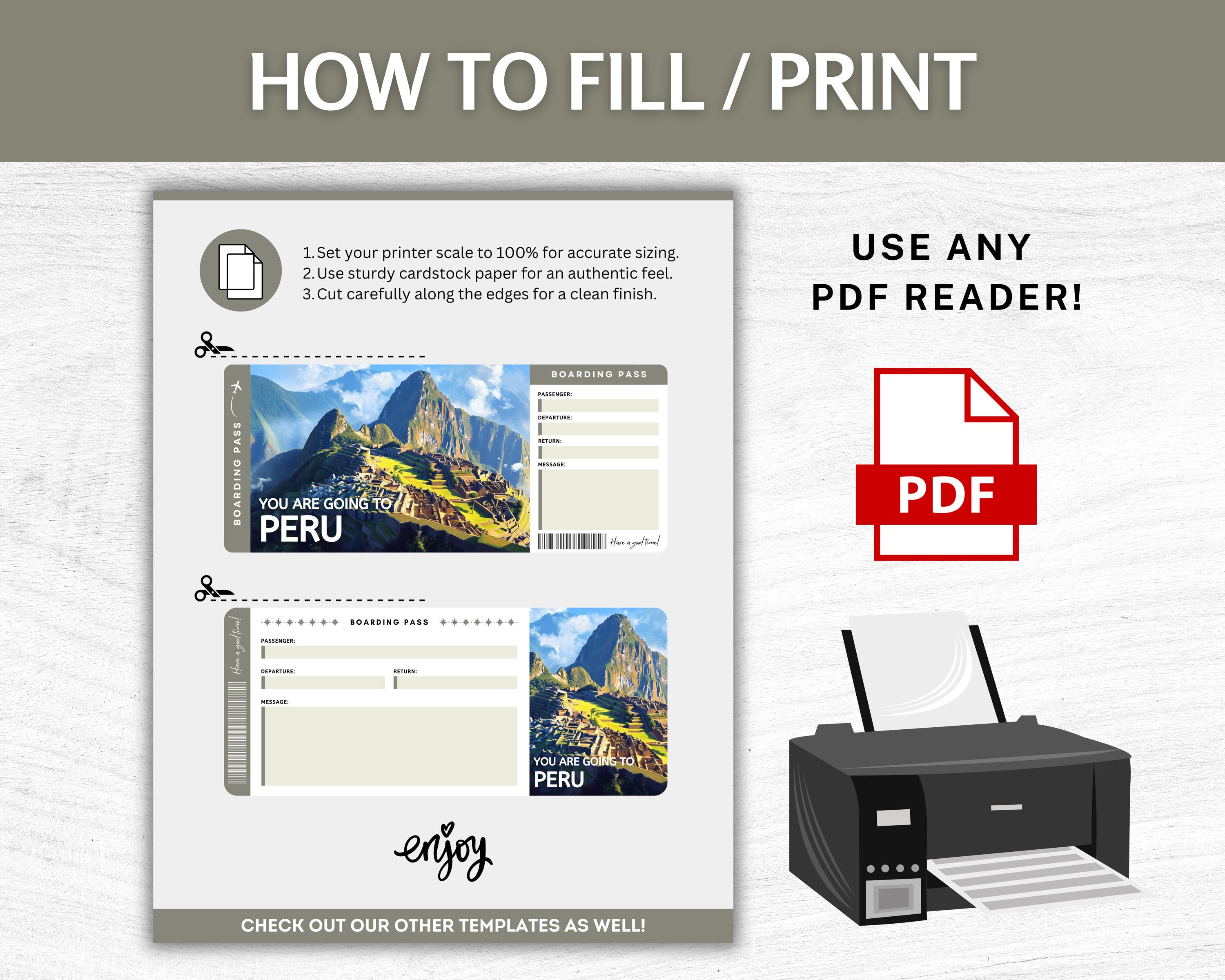 Printable Peru Surprise Gift Ticket, Editable Machu Picchu Boarding ...