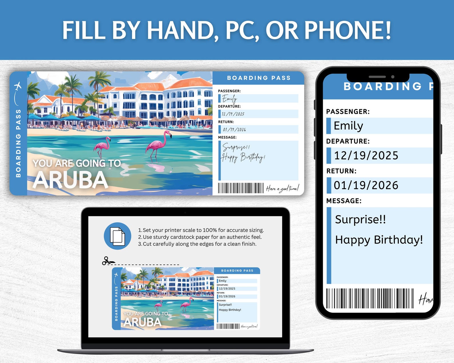Printable Aruba Surprise Gift Ticket, Editable Aruba Boarding Pass ...