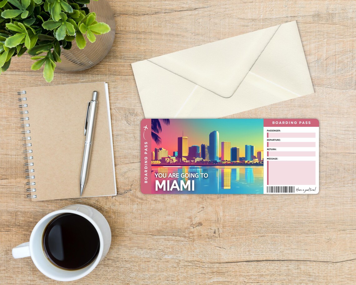 Printable Miami Surprise Gift Ticket, Editable Florida Vacation ...