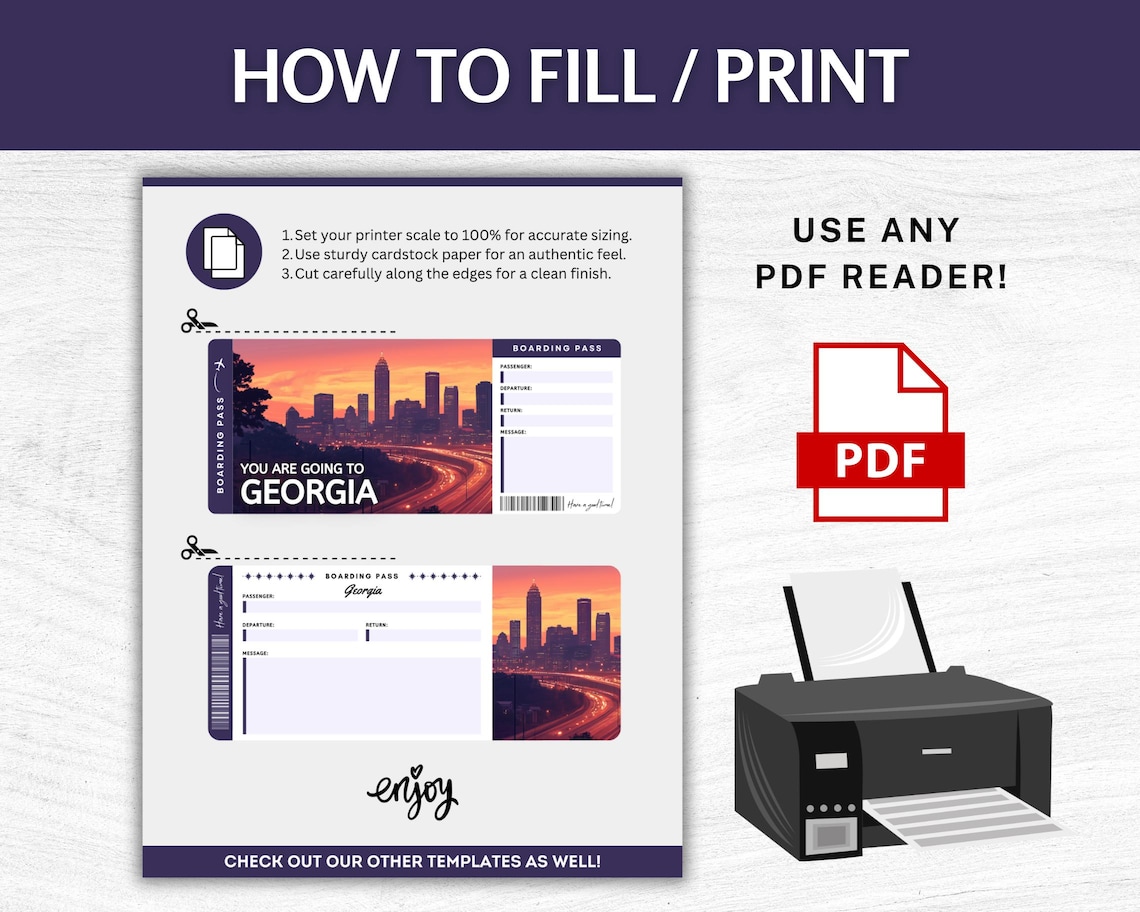 Printable Georgia Surprise Gift Ticket, Editable Atlanta Vacation ...