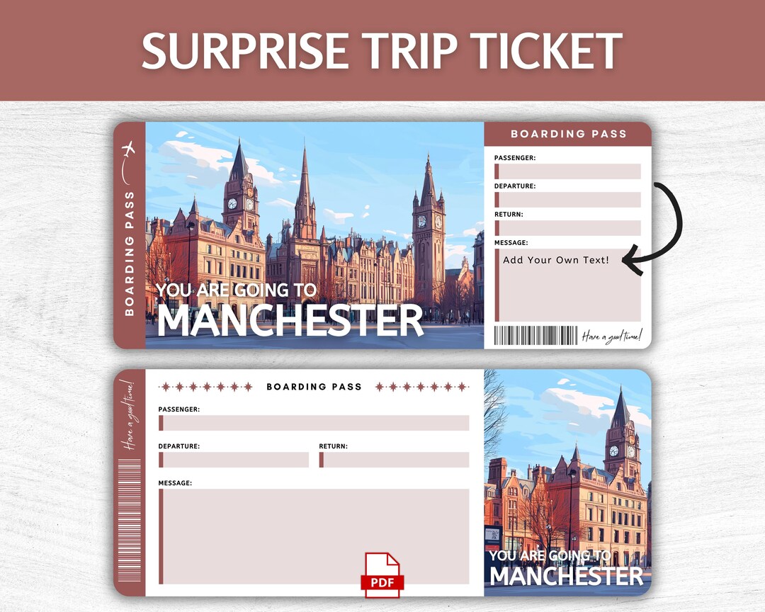 Printable Manchester Surprise Gift Ticket, Editable England Vacation ...