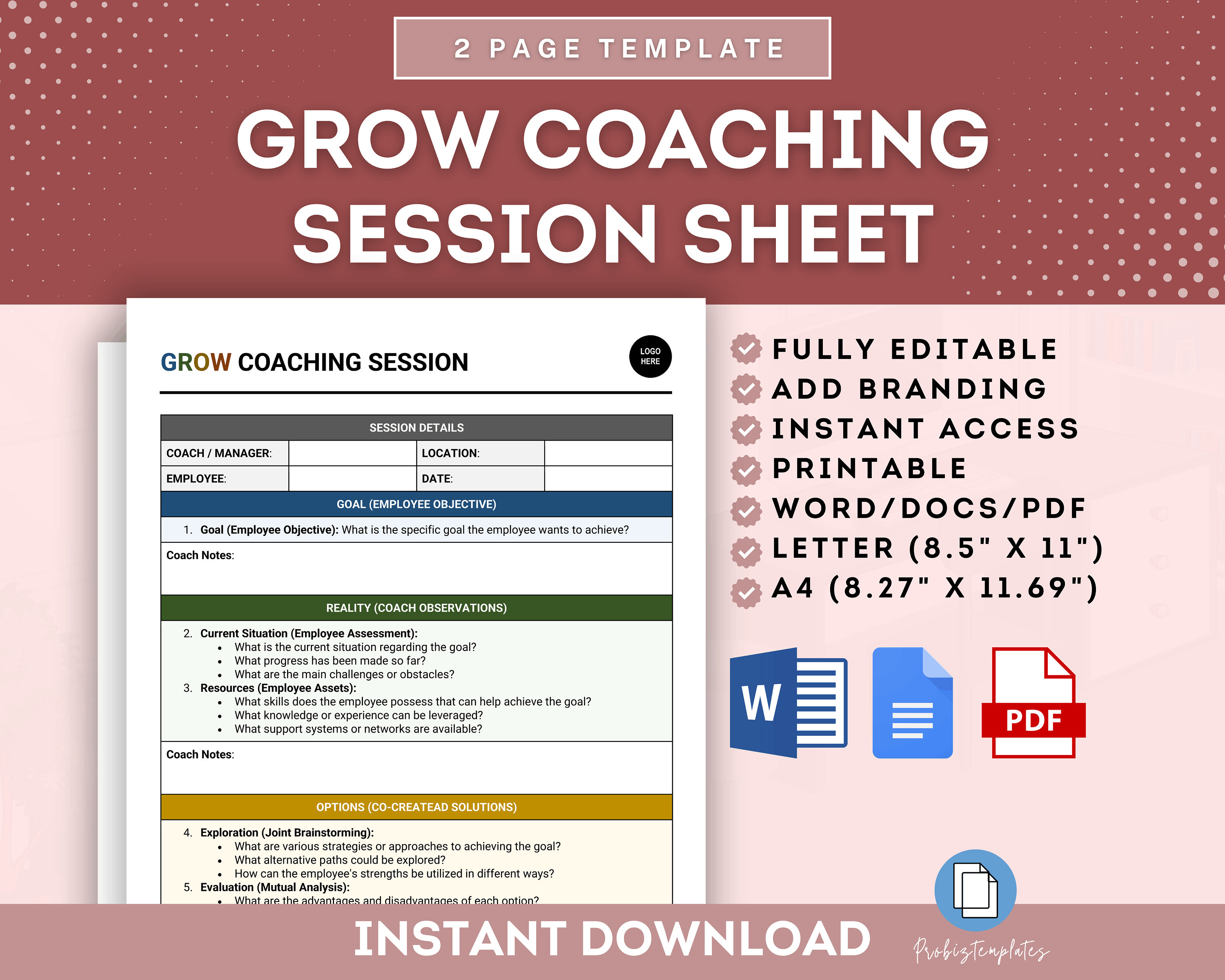 Employee Coaching Session Sheet Template, GROW Coaching Model, Employee ...