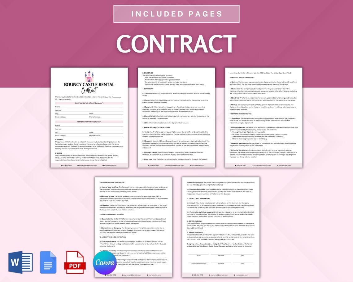 Bouncy Castle Contract Bundle, Bounce House Rental Agreement Template ...