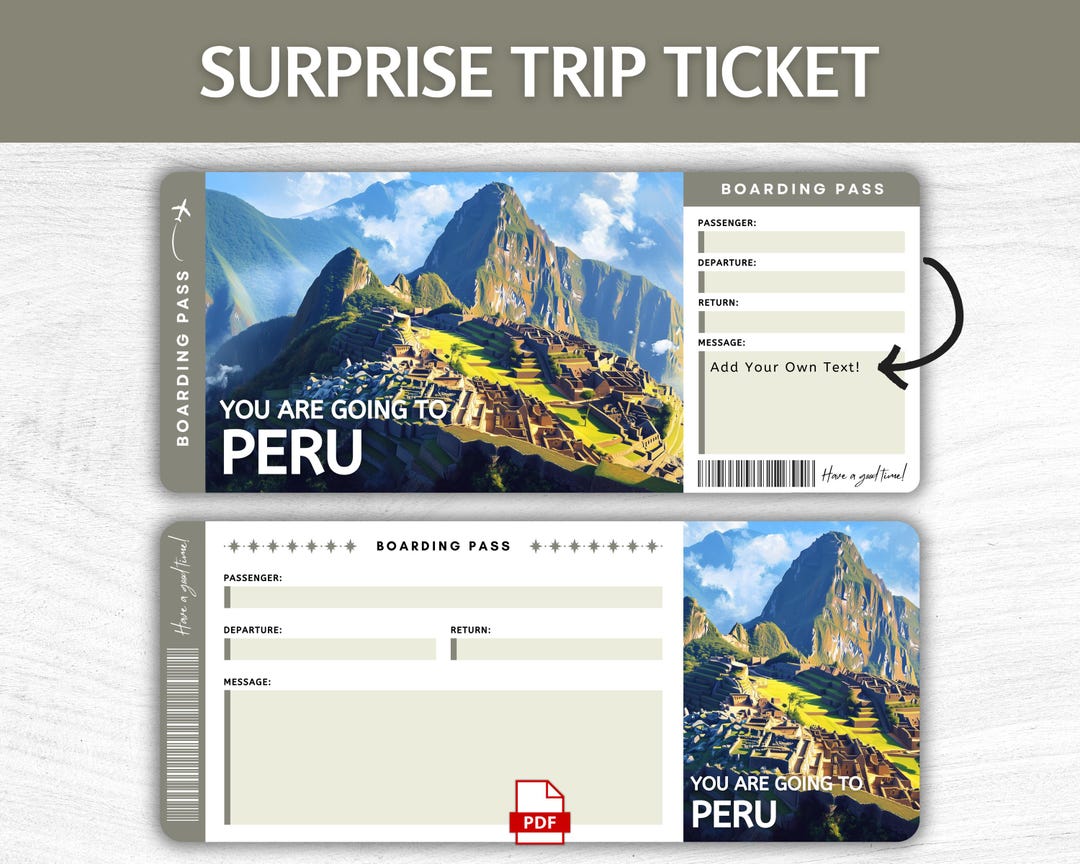 Printable Peru Surprise Gift Ticket, Editable Machu Picchu Boarding ...