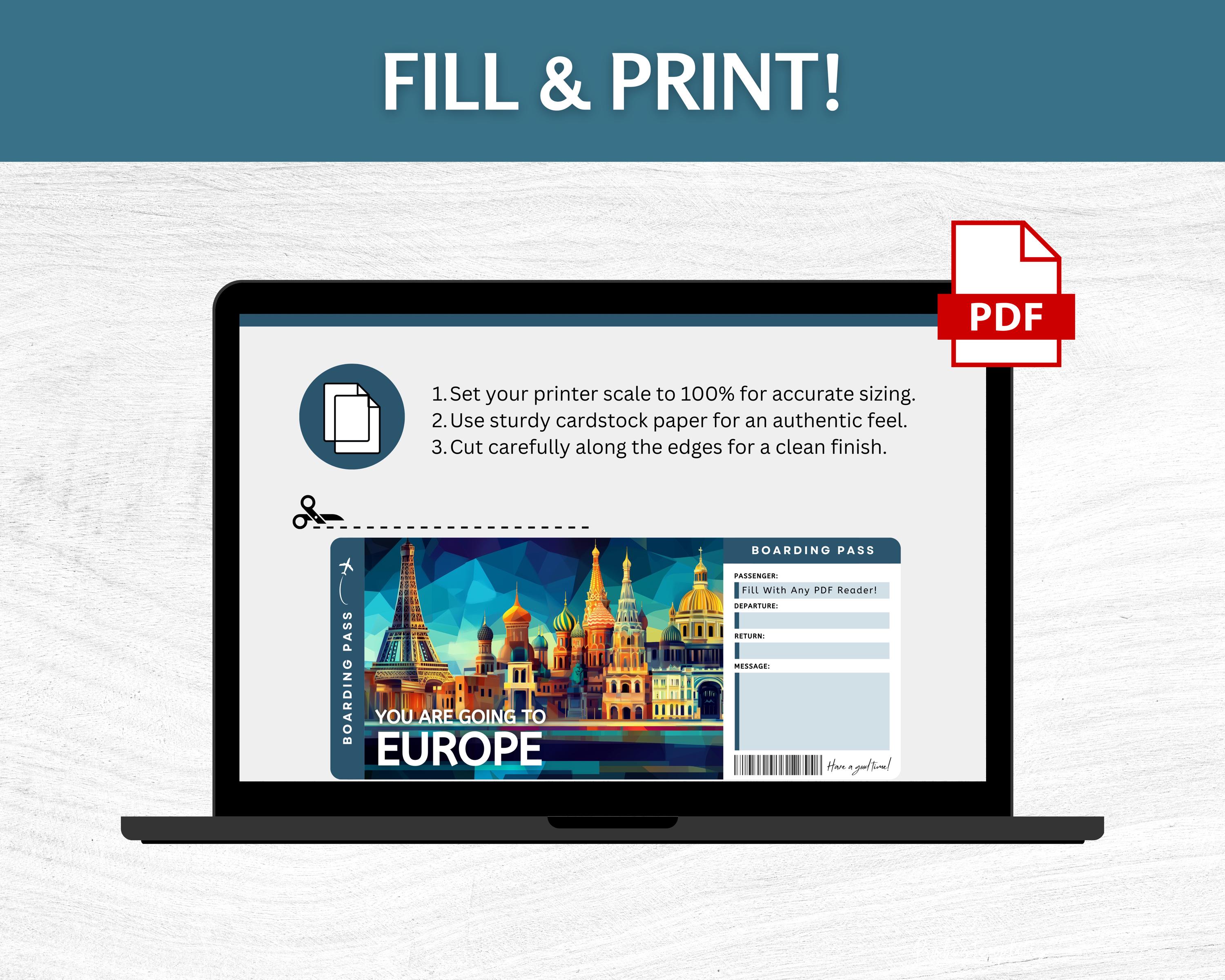 Printable Europe Surprise Gift Ticket, Editable European Vacation ...