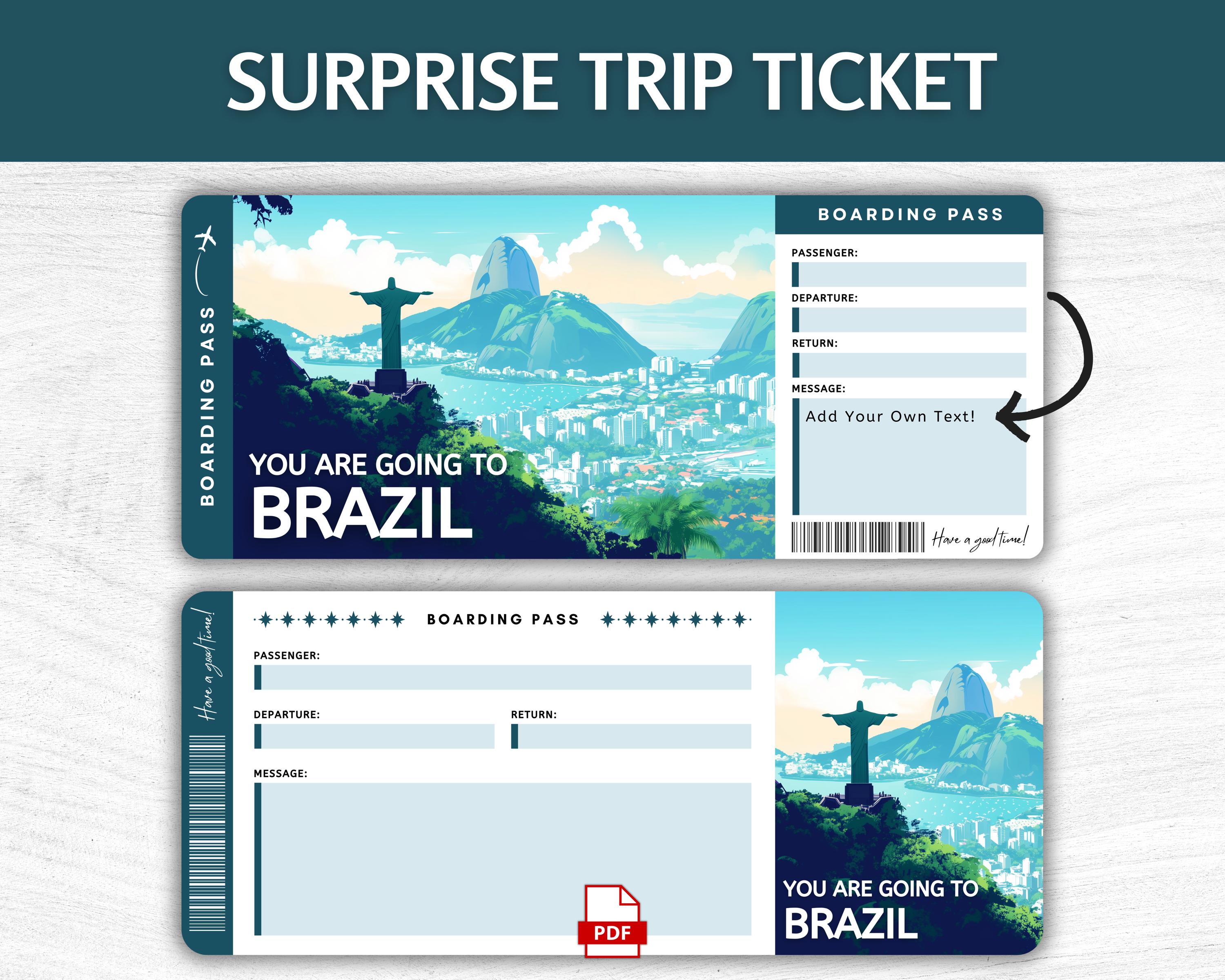 Printable Brazil Surprise Gift Ticket, Editable Rio De Janeiro Boarding ...
