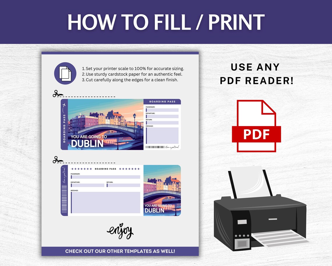 Printable Dublin Surprise Gift Ticket, Editable Ireland Vacation ...