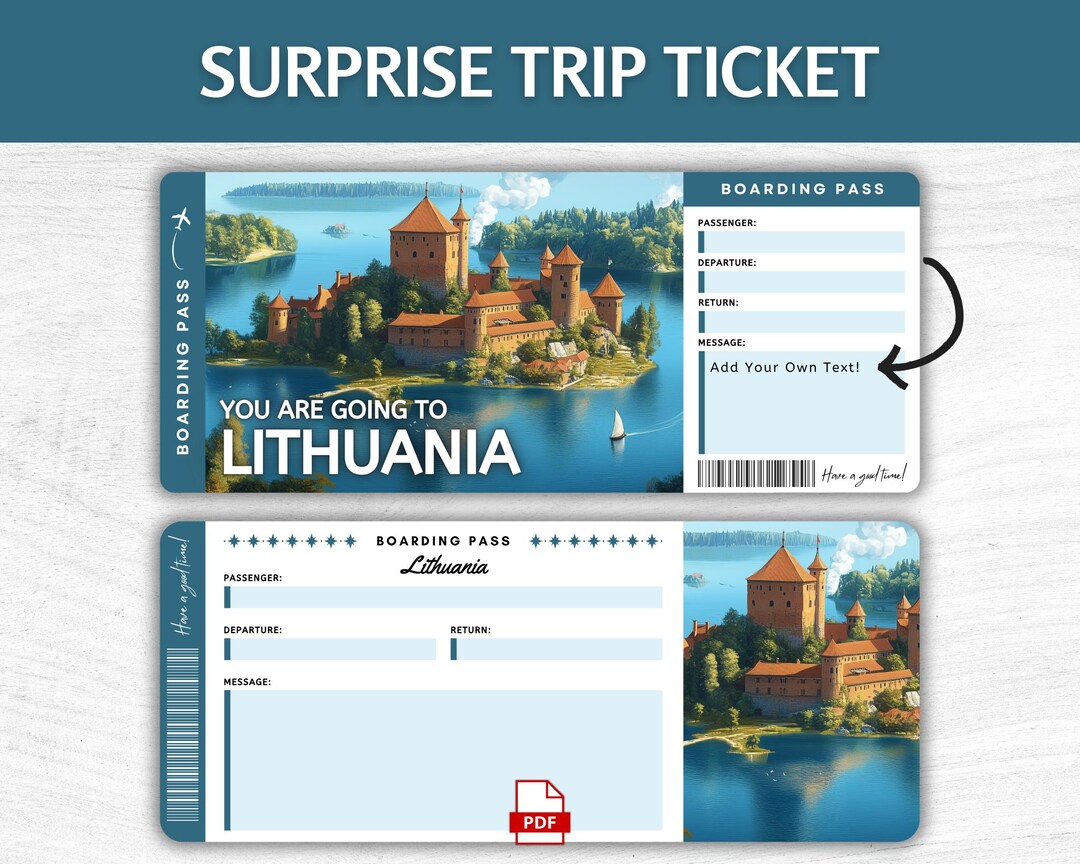 Printable Lithuania Surprise Gift Ticket, Editable Vilnius Vacation ...