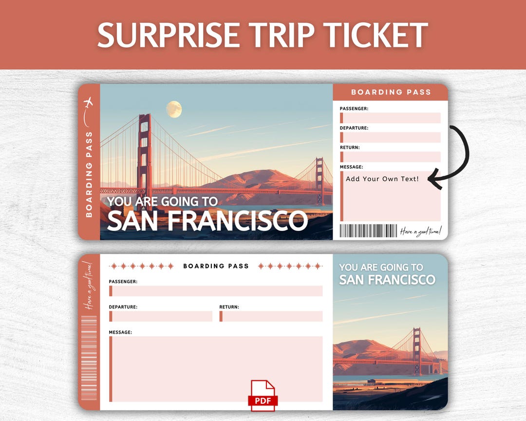 Printable San Francisco Surprise Gift Ticket, Editable California ...