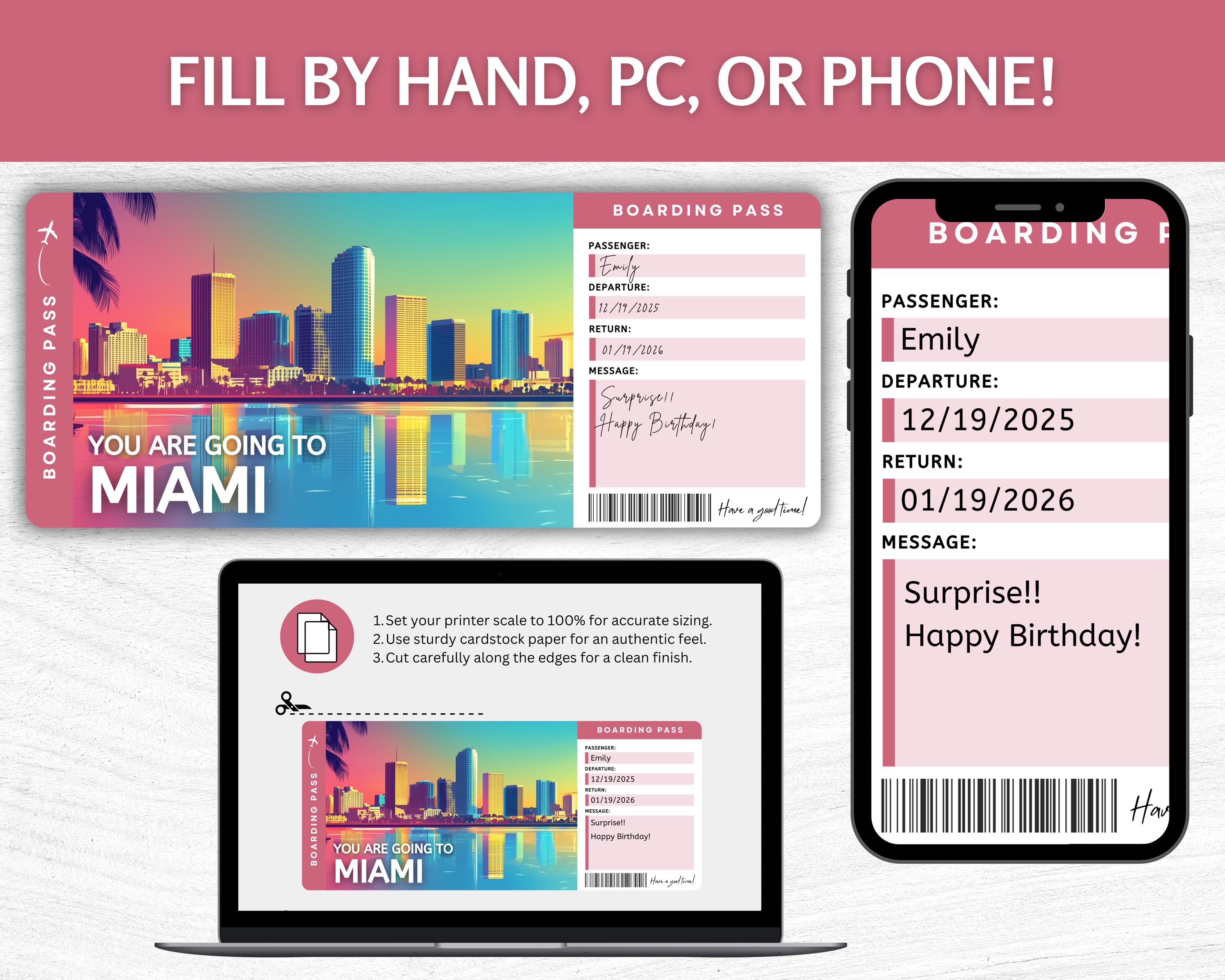 Printable Miami Surprise Gift Ticket, Editable Florida Vacation ...
