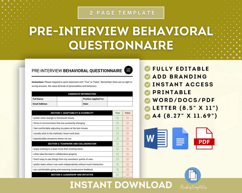 Pre-interview Behavioral Questionnaire, Candidate Behavioral Questions ...