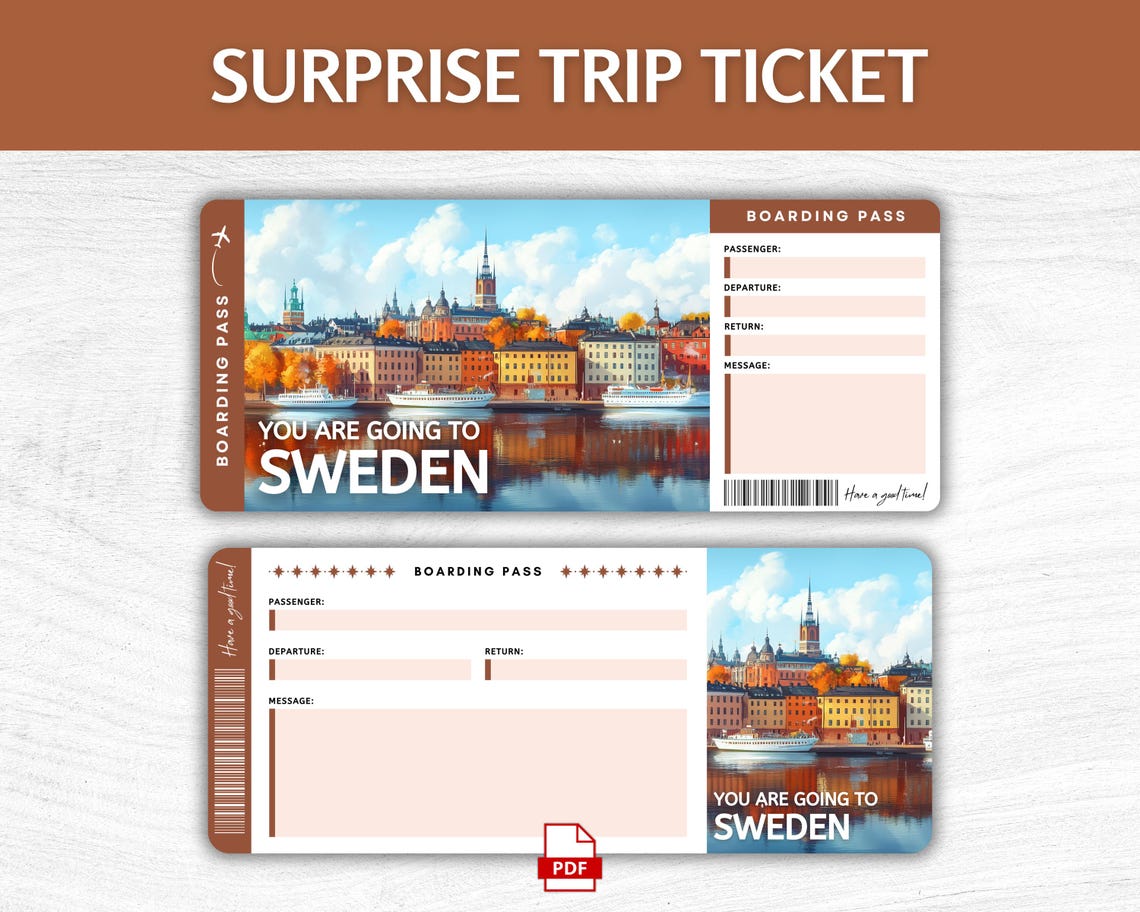 Printable Sweden Surprise Gift Ticket, Editable Stockholm Boarding Pass ...