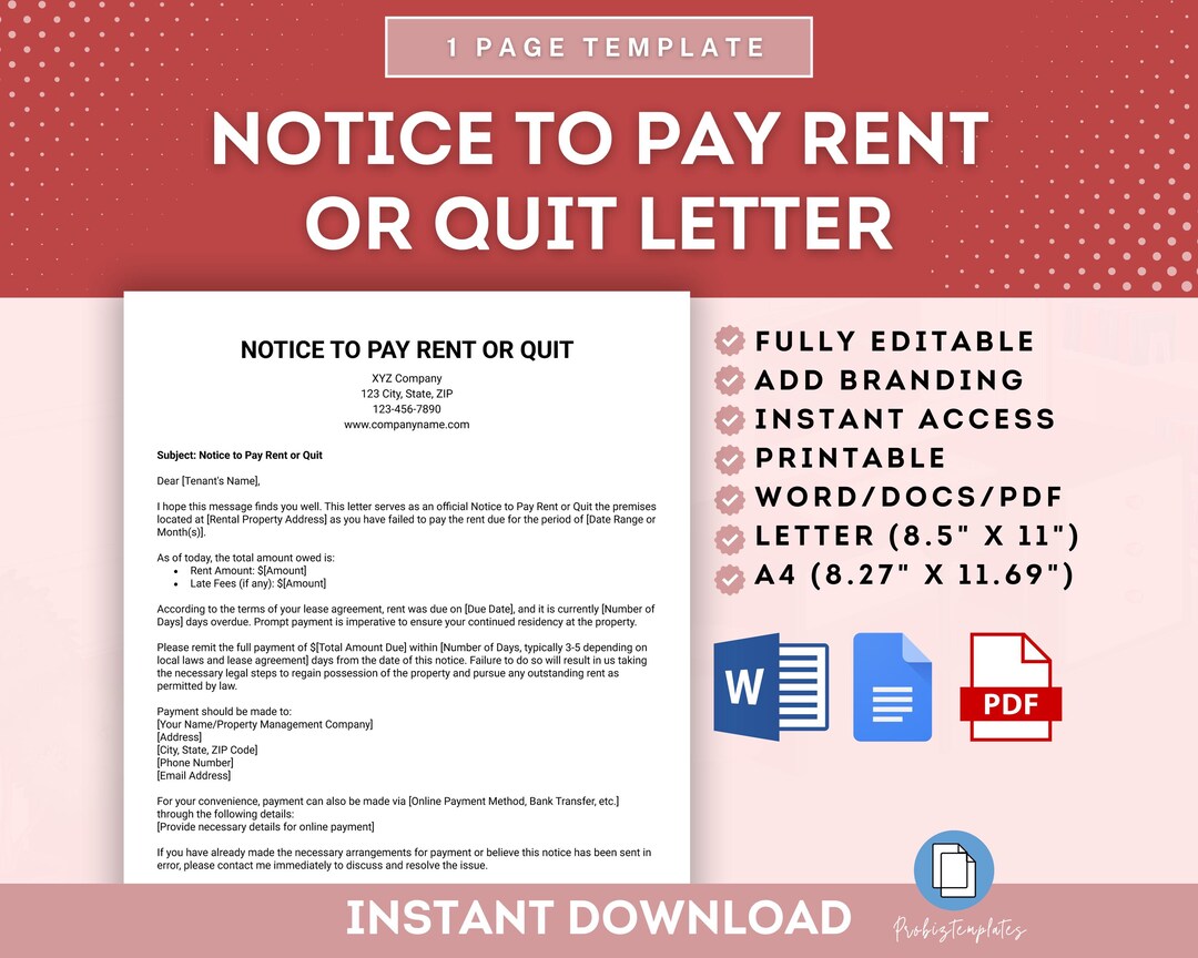 Notice to Pay Rent or Quit Letter, Pay Rent or Vacate Notice, Rent ...