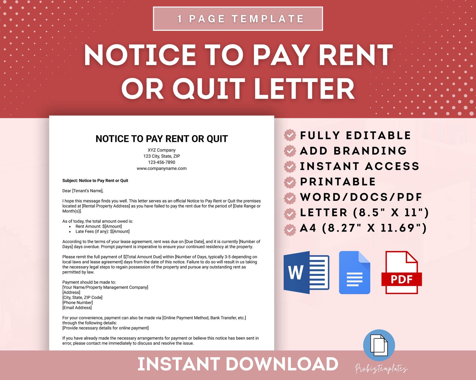 Notice to Pay Rent or Quit Letter, Pay Rent or Vacate Notice, Rent ...