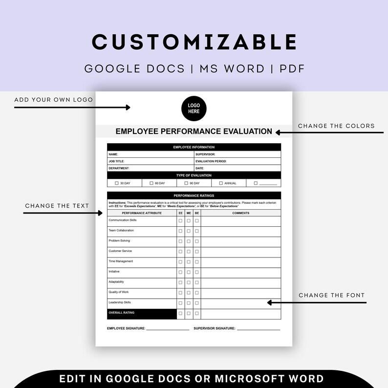 Employee Performance Evaluation Form Template Human Resource - Etsy
