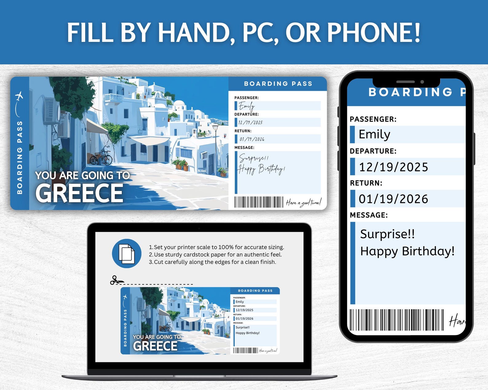 Printable Greece Surprise Gift Ticket, Editable Athens Vacation ...
