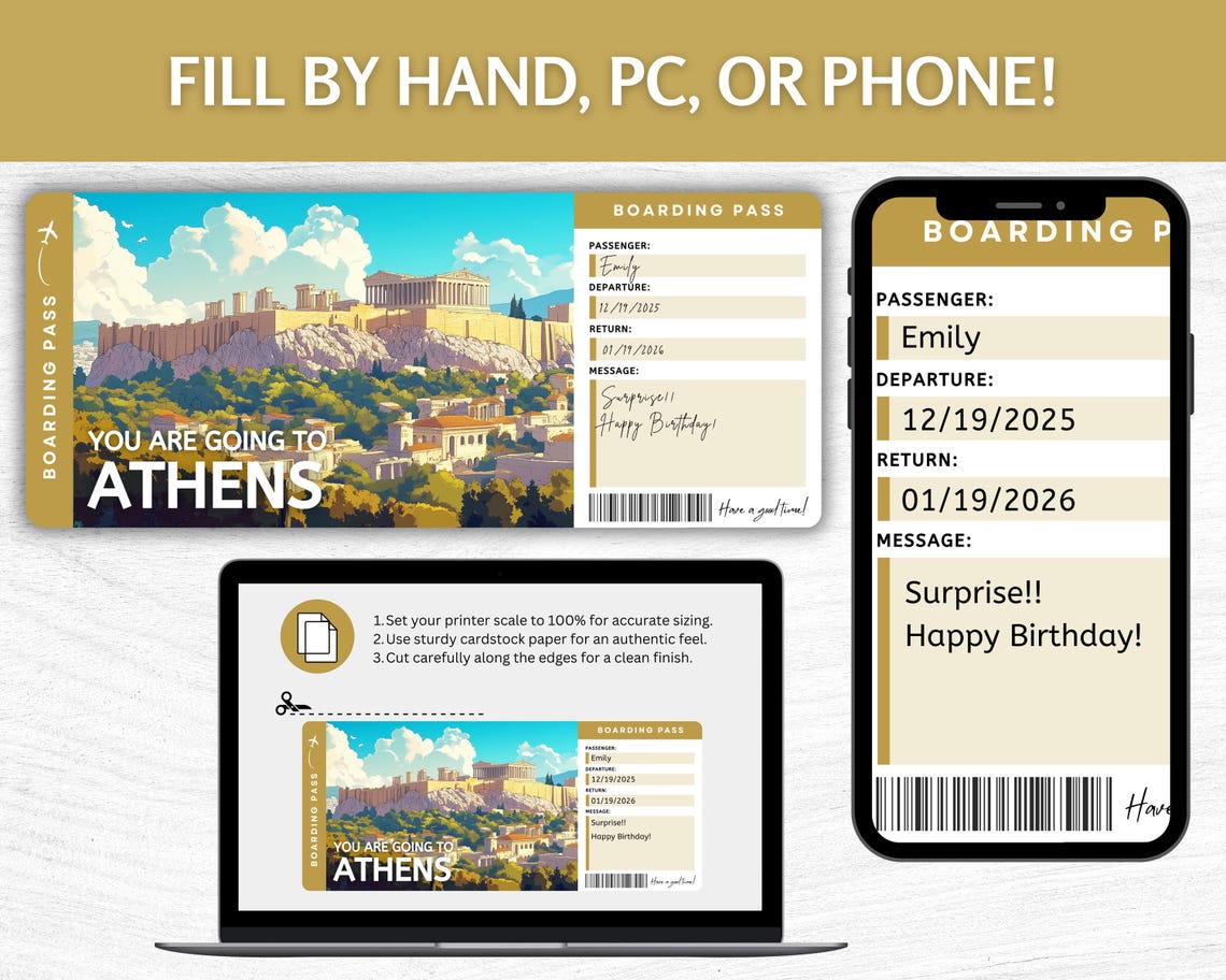 Printable Athens Surprise Gift Ticket, Editable Greece Vacation ...