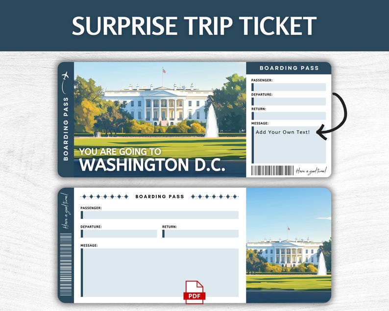 Printable Washington D.C. Surprise Gift Ticket, Editable USA Vacation ...