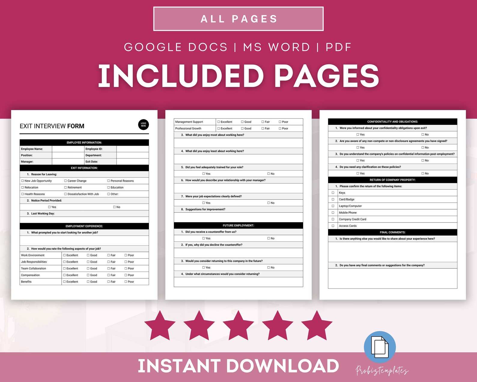Exit Interview Form Template, Employee Exit Survey, Exit Questionnaire ...