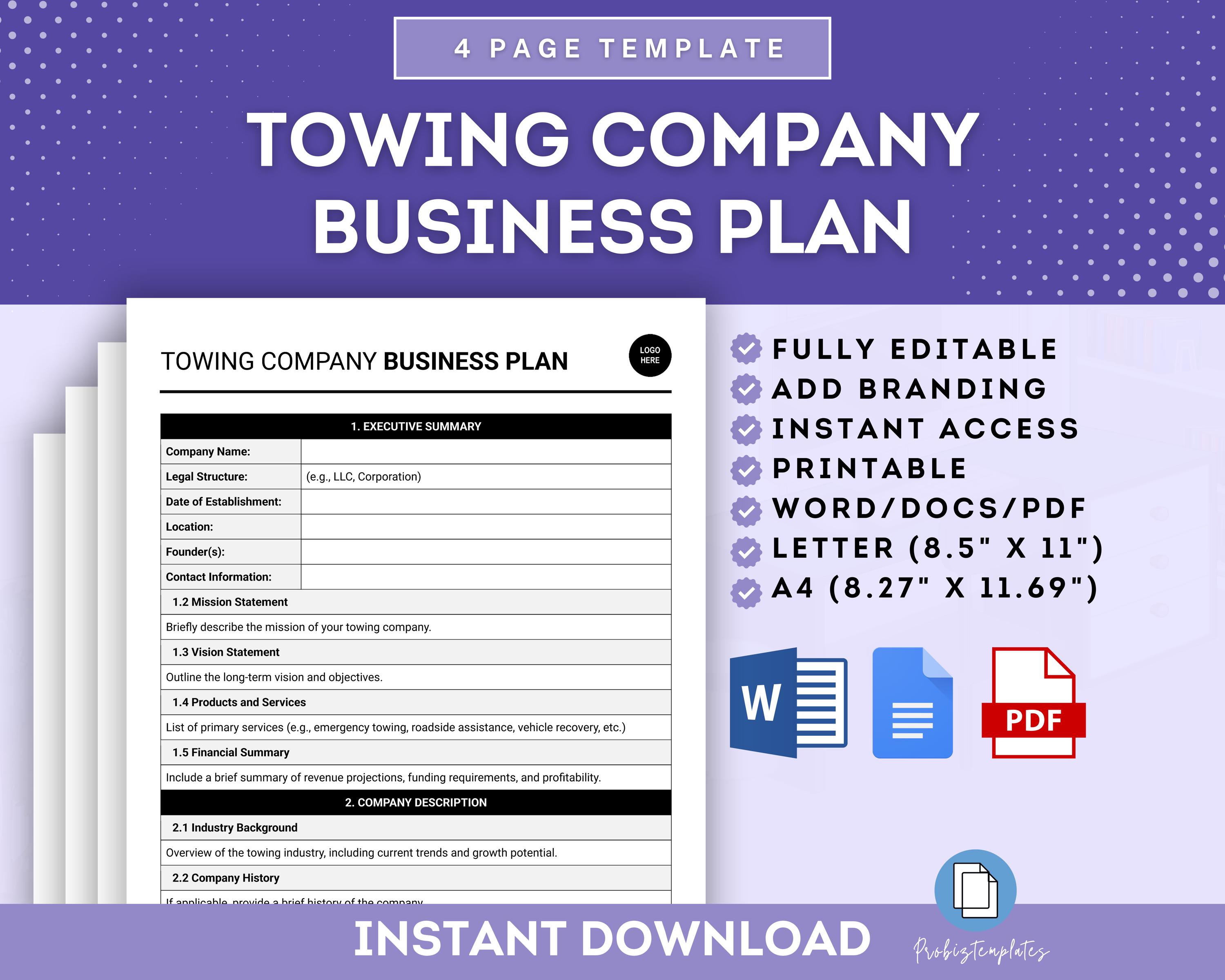Towing Company Business Plan Template, Towing Service Strategy, Towing ...
