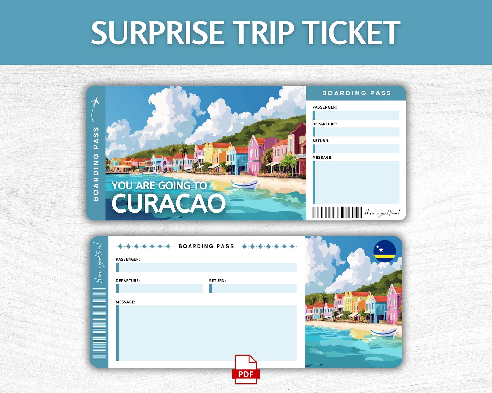 Printable Curacao Surprise Gift Ticket, Editable Willemstad Boarding ...