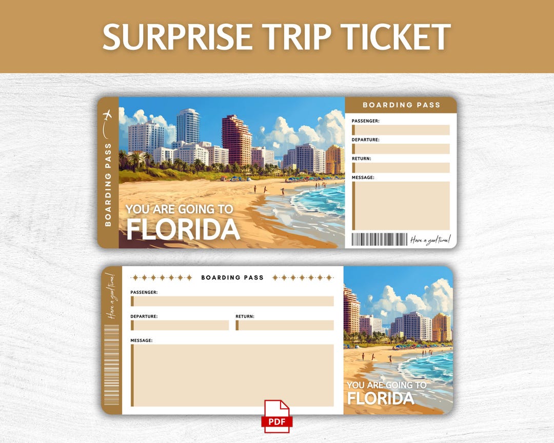 Printable Florida Surprise Gift Ticket, Editable Miami FL Boarding Pass ...