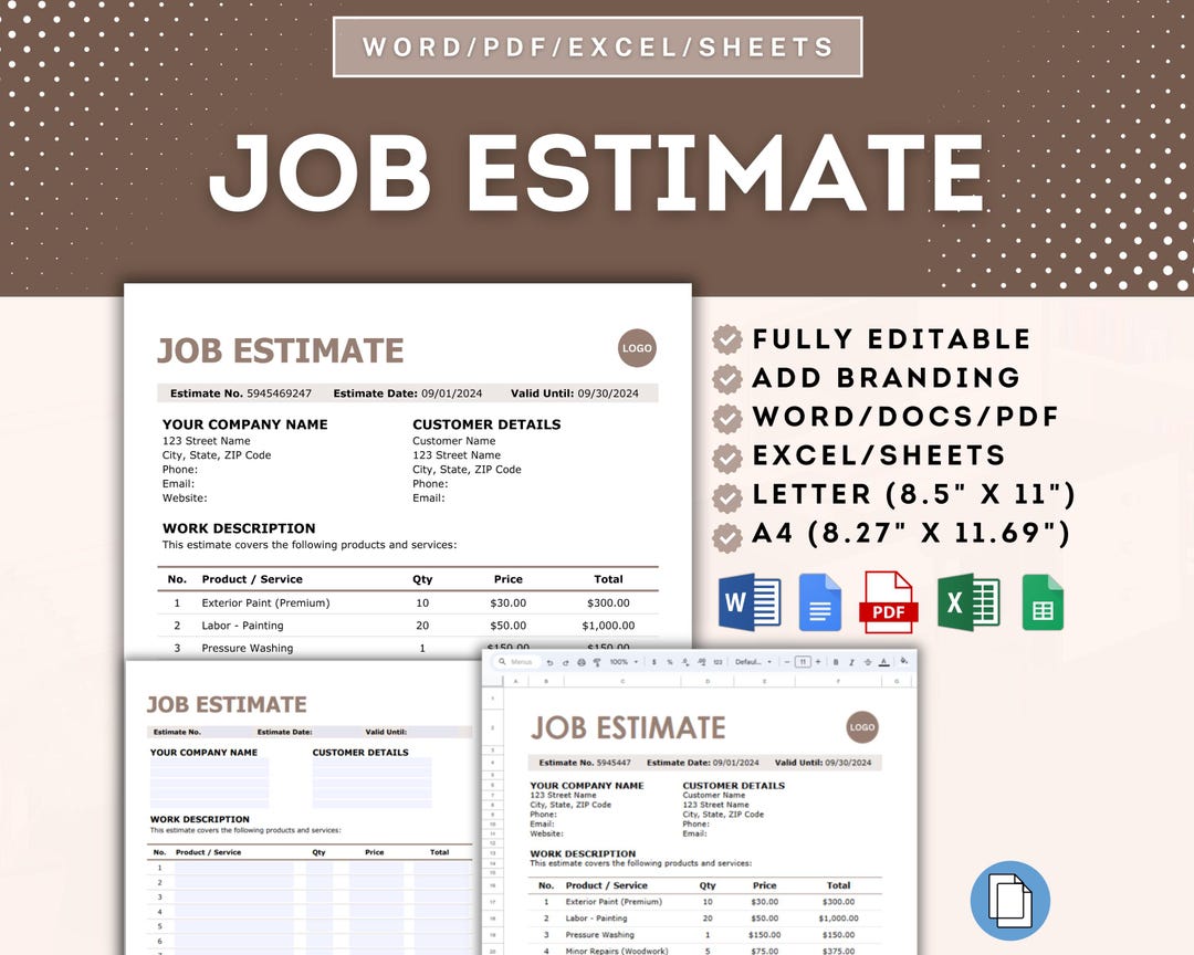 Job Estimate Template, Detailed Customizable Job Estimate Form ...