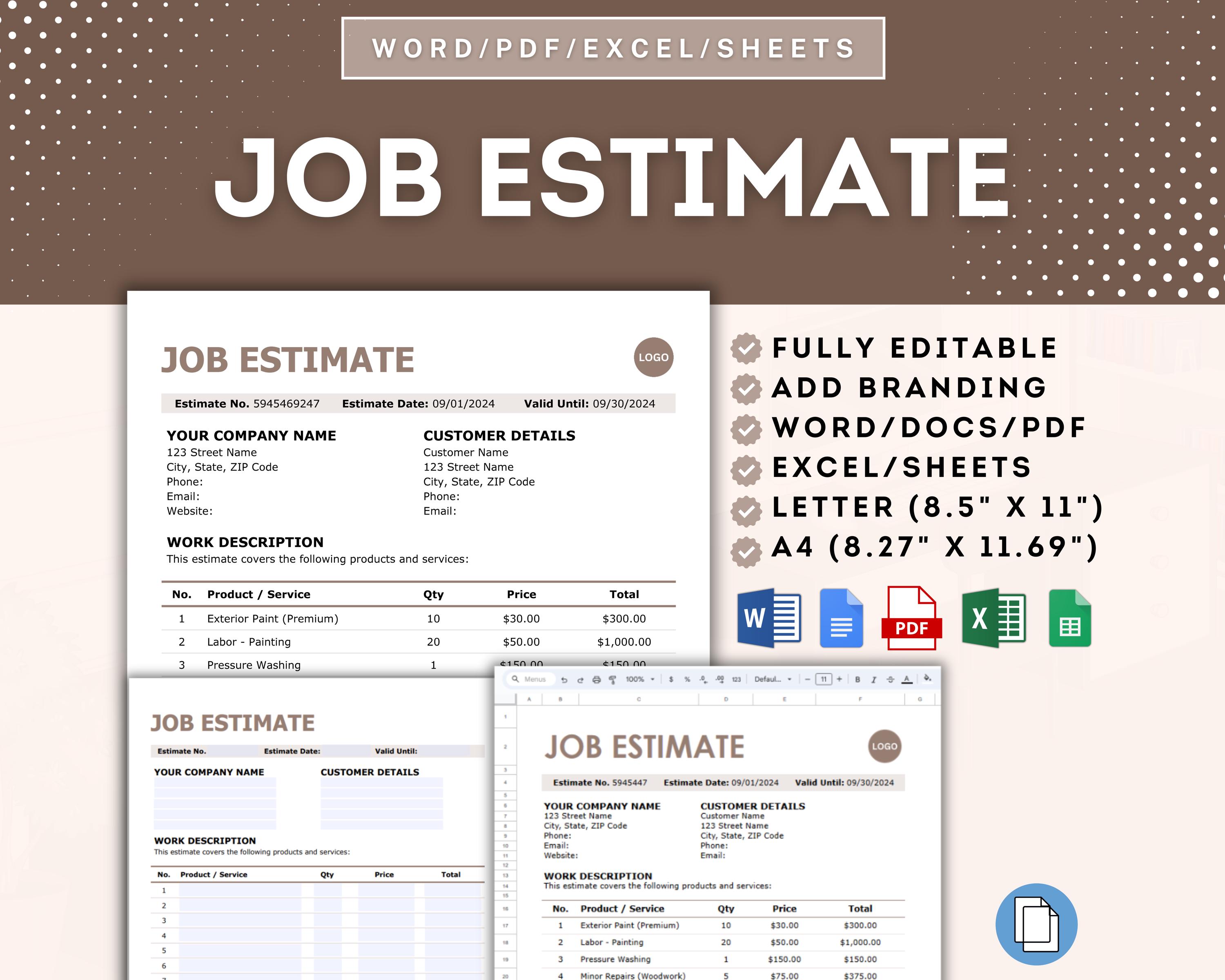 Job Estimate Template, Detailed Customizable Job Estimate Form ...