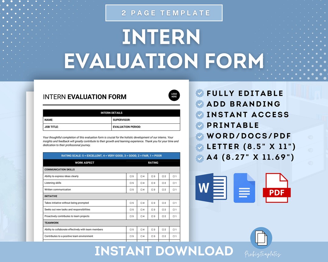 Intern Evaluation Form, Student Intern Assessment, Intern Performance ...