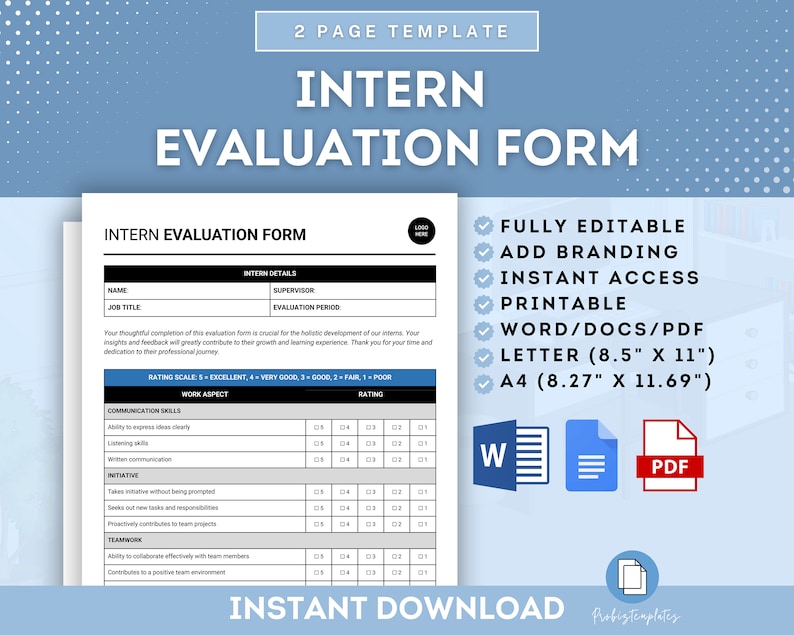 Intern Evaluation Form, Student Intern Assessment, Intern Performance ...