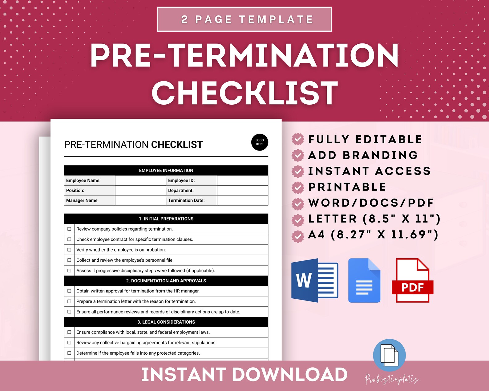 Pre-termination Checklist, Employee Termination Checklist, Employment ...
