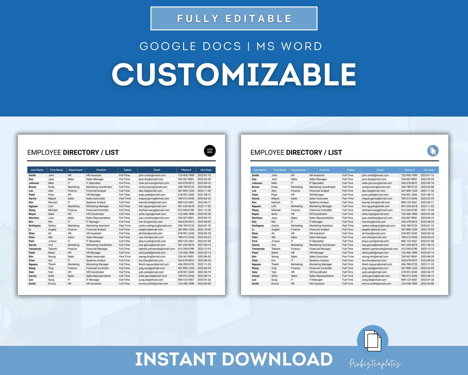 Employee List Template, Employee Directory, Staff Roster Template ...
