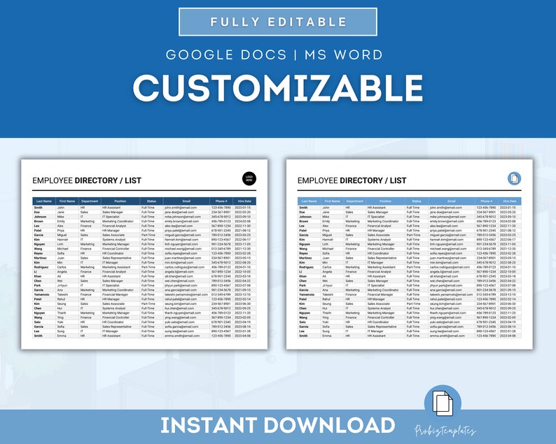 Employee List Template, Employee Directory, Staff Roster Template ...