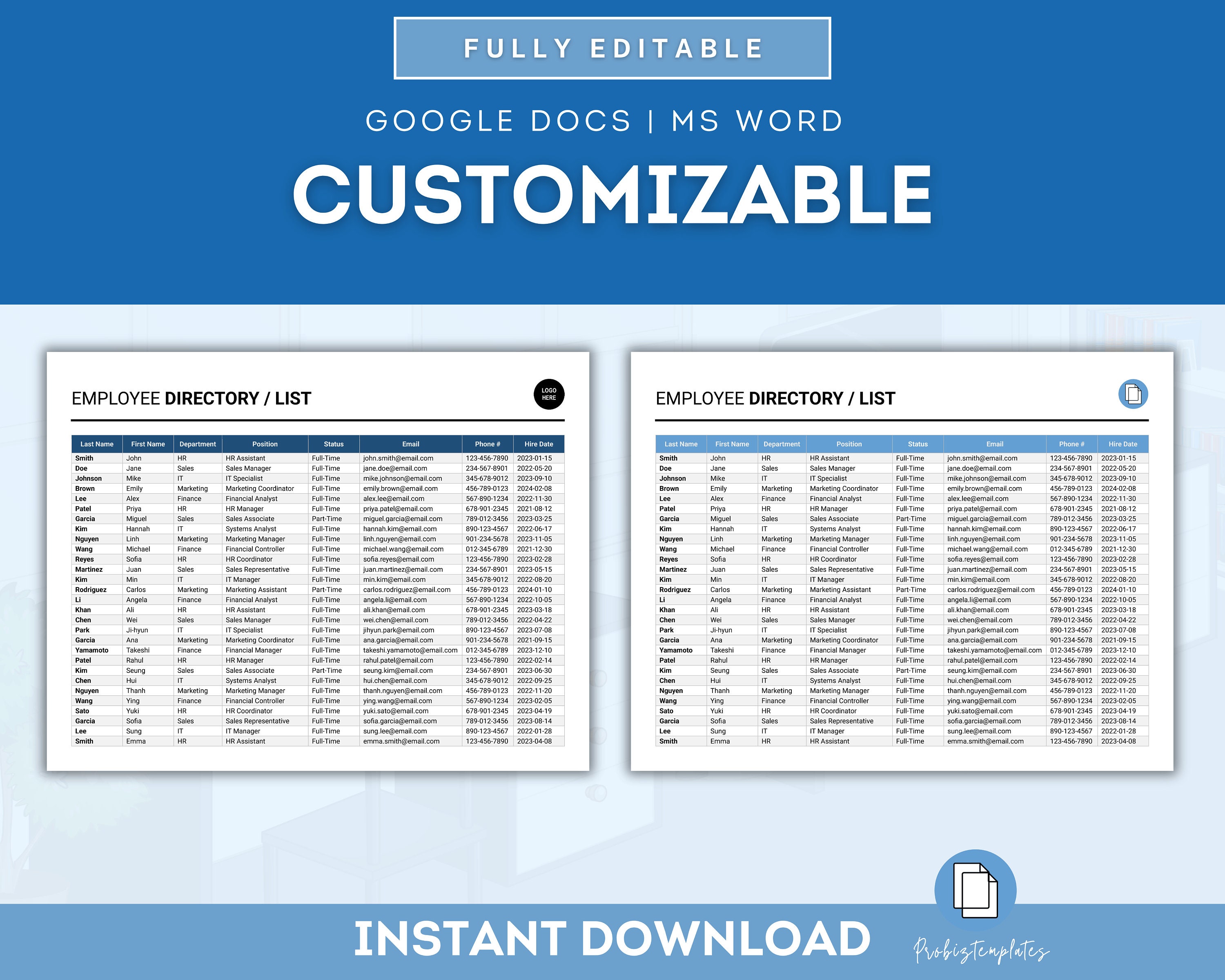 Employee List Template, Employee Directory, Staff Roster Template ...