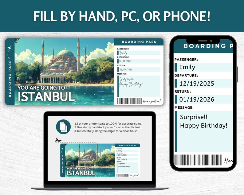 Printable Istanbul Surprise Gift Ticket, Editable Turkey Vacation ...
