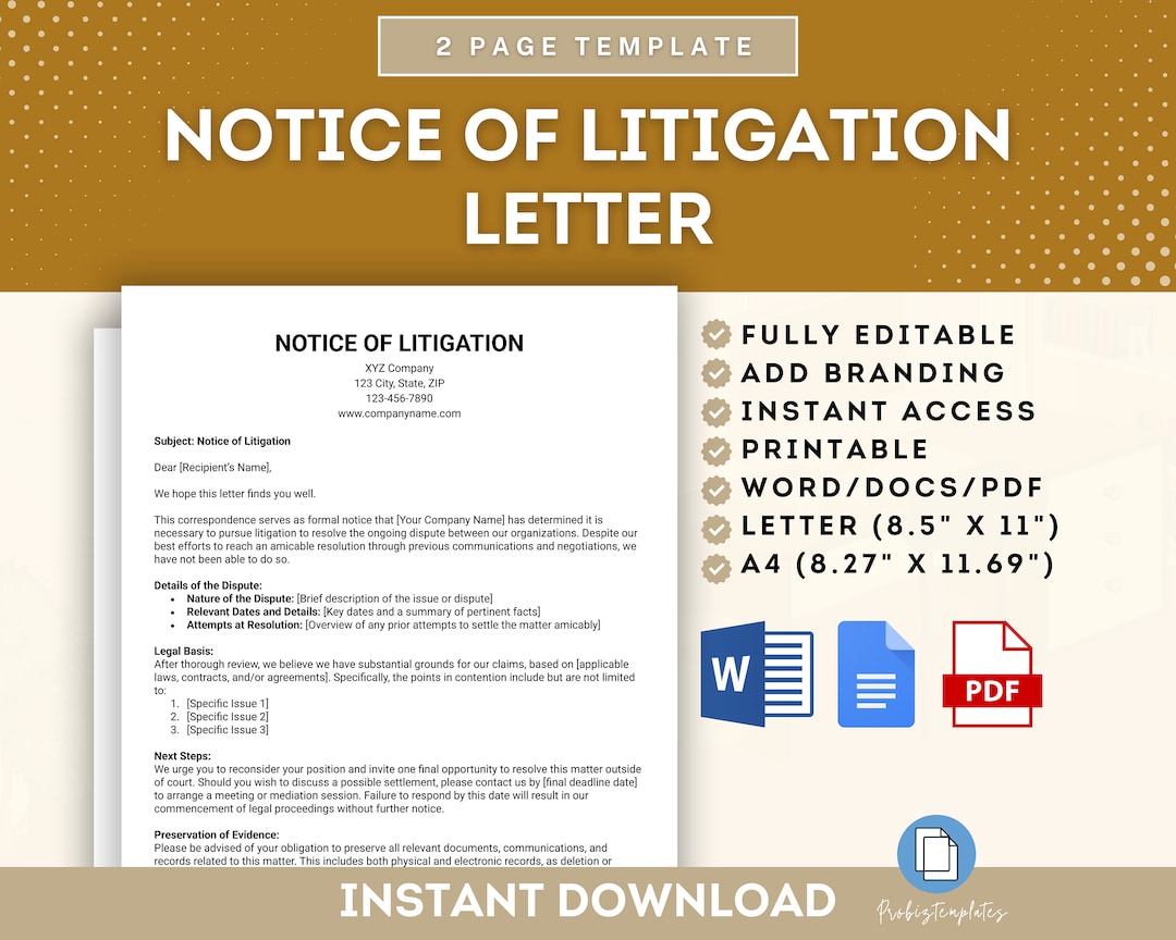 Notice of Litigation Letter, Litigation Notice Template, Legal Action ...