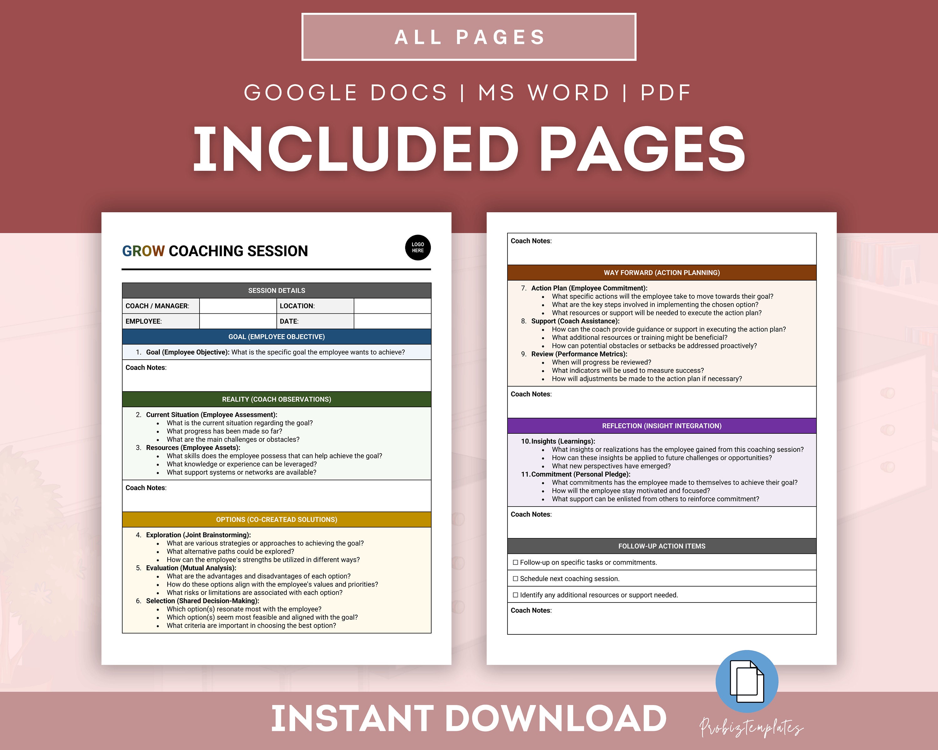 Employee Coaching Session Sheet Template, GROW Coaching Model, Employee ...