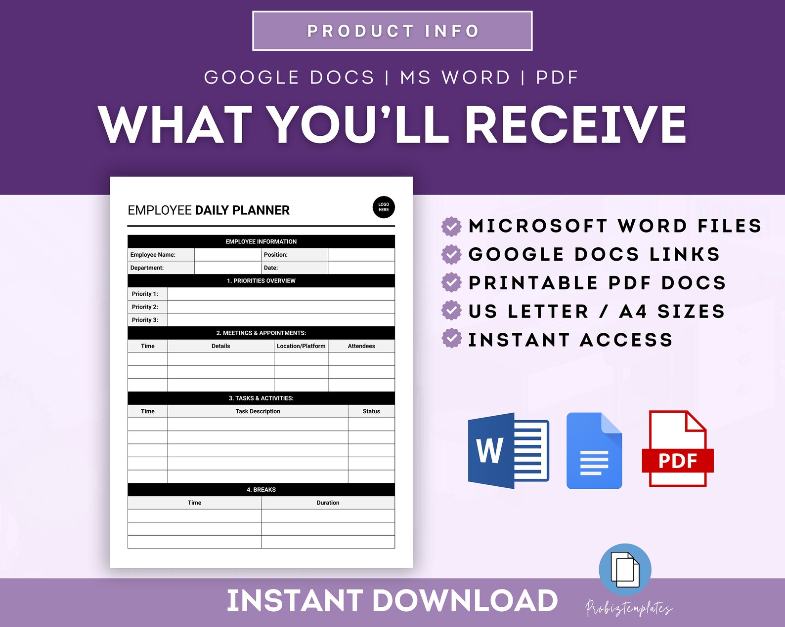 Employee Daily Planner Template, Workday Organizer, Employee Task ...