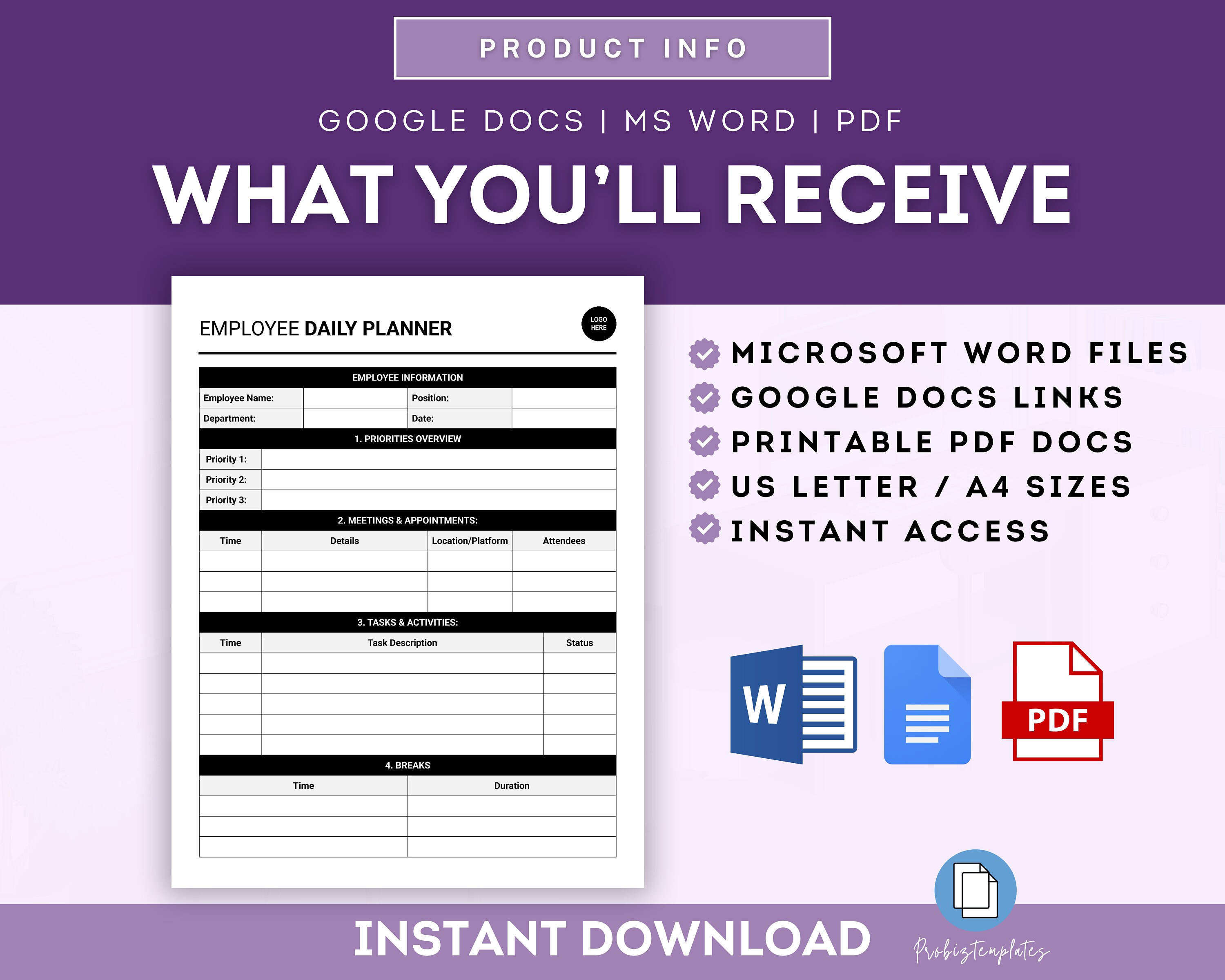 Employee Daily Planner Template, Workday Organizer, Employee Task ...