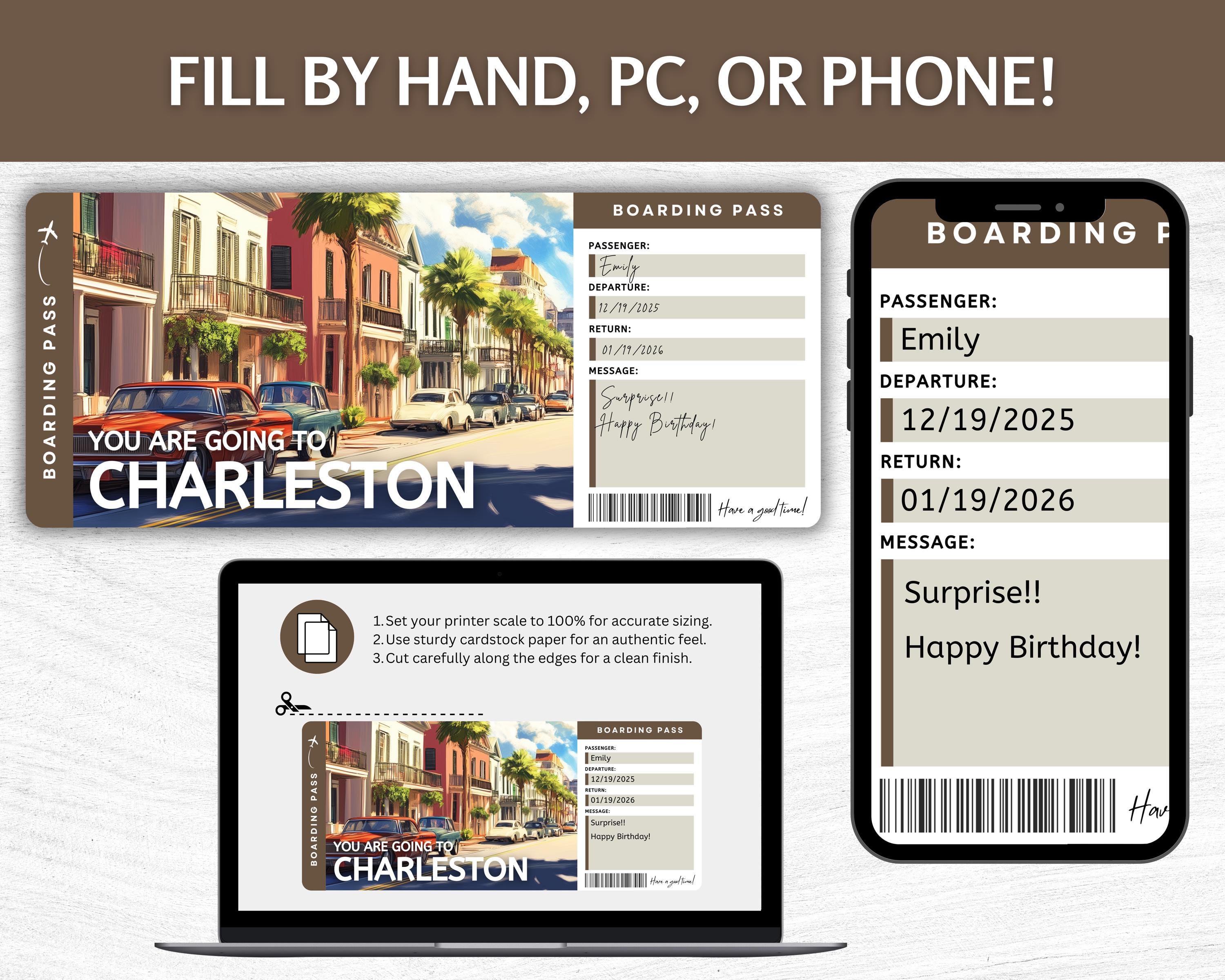Printable Charleston Surprise Gift Ticket, Editable South Carolina ...