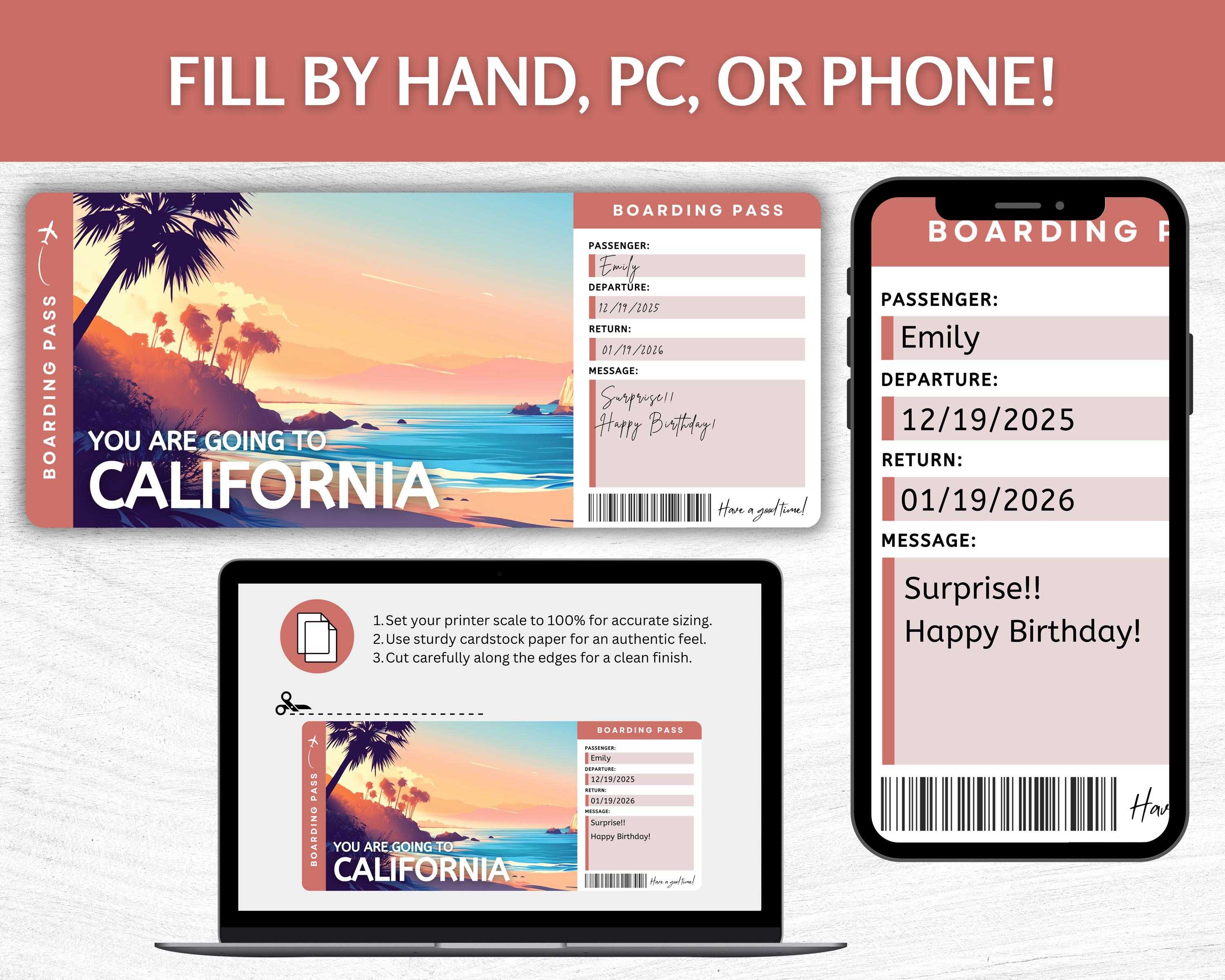 Printable California Surprise Gift Ticket, Editable Los Angeles ...